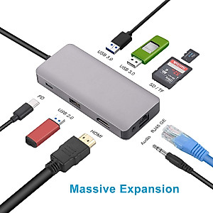 Type C 9 in 1 Hub to 4K HDMI Output, 2 USB3.0 Ports,SD/TF Card Reader,1000Mbps Network Adapter, 1 USB2.0 with PD3.0(100W) Charge