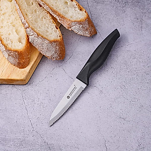 VSL VANSLENSON Multipurpose Kitchen Knife set 4 inch Paring Knife with Cover, Steak Knife, 5 inch Utility Knife, 5 inch Serrated Blade Knife Black Handle (Set of 4 mixed combo)