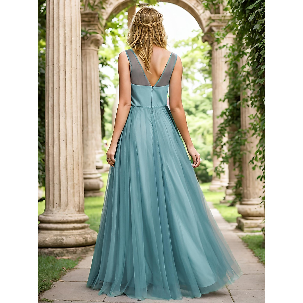 Ever-Pretty Women's V Neck Sleeveless See-Through A-line Flowy Maxi Bridesmaid Dresses for Women Dusty Blue US10