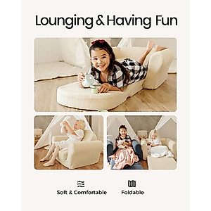 Tiny Land Kids Couch 2-in-1 Foldable Sofa Bed – 3D Teddy Curly with Pockets, Tactile Sensory-Enhancing Lounger for Toddlers, Ideal for Playroom – Afternoon Couch and Chair for Boys and Girls,Cream