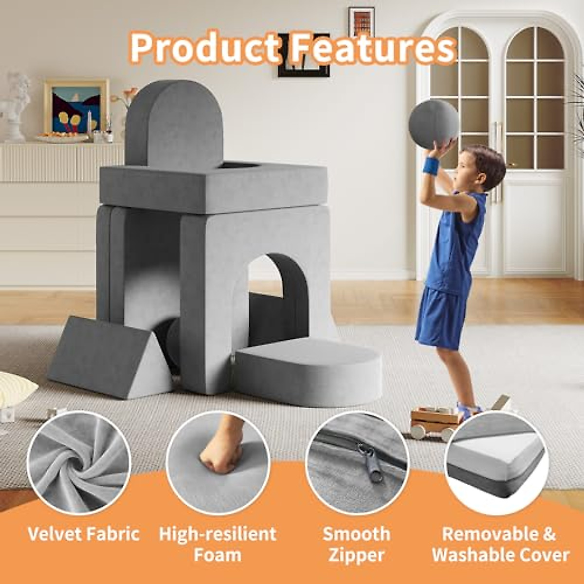 linor Kids Couch Toddler Couch 9pcs Kids Sofa Couch with Spherical Module and Tunnel Elements, Toddler Sofa Kids Fold Out Couch for Playroom Bedroom, Creative Baby Couch Kids Foam Couch (Grey)