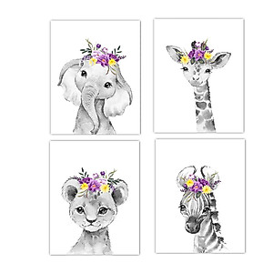 Safari Animals Baby Girl Nursery Wall Art Floral Crown Elephant Giraffe Lion Zebra (PURPLE YELLOW)