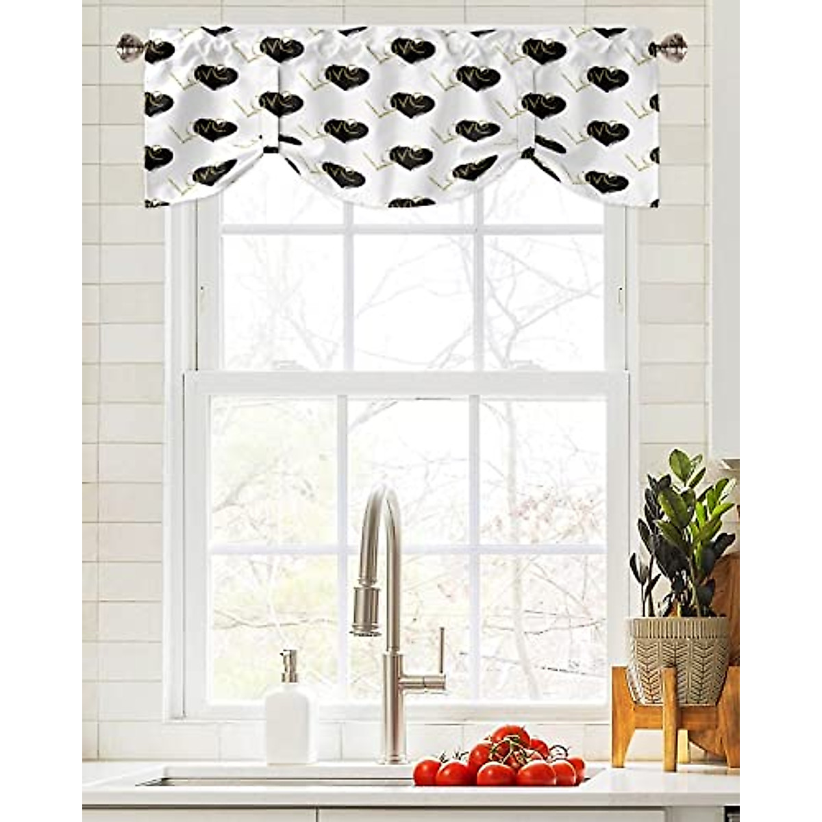 Tie-Up Valance Curtains for Window - Happy Valentine's Day Gold Love Black and White Heart Kitchen Valance - Light Filtering Valance Curtains Short Curtains with Adjustable Tie 42"x12"
