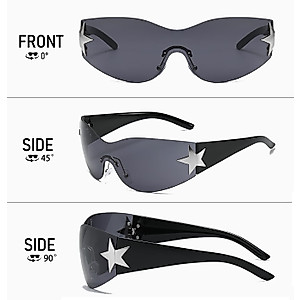 Palarado Y2K Sunglasses Accessories Glasses Fashion 2000s Cyber Shield Wrap Around Star Sunglasses for Women Rimless Trendy Shades (Black Frame/Grey Lens)