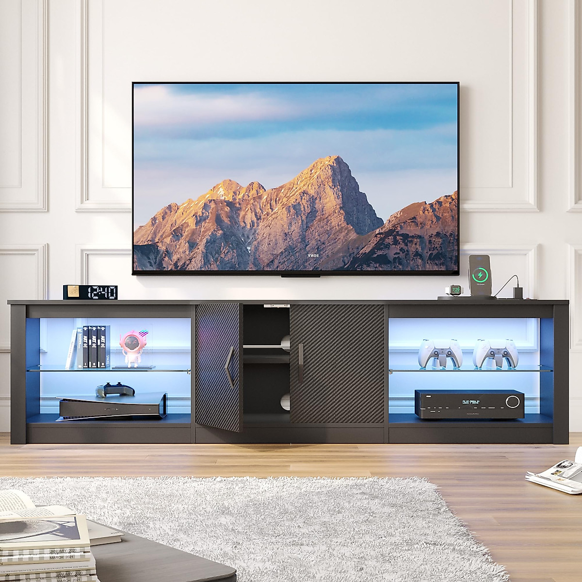 Bestier 70 inch Gaming TV Stand with Power Outlets, LED Entertainment Center for 70/75/80/85 Inch TV, Modern TV Cabinet for PS5 Xbox Console, TV Stand for Living Room Black