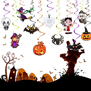 Halloween Decorations, 30 Pcs Hanging Swirl Party Supplies Decorations, Ceiling Spirals Halloween Streamers with Ghost Pumpkin Witch Skull Spider Bat for Home Indoor Outdoor Classroom Office