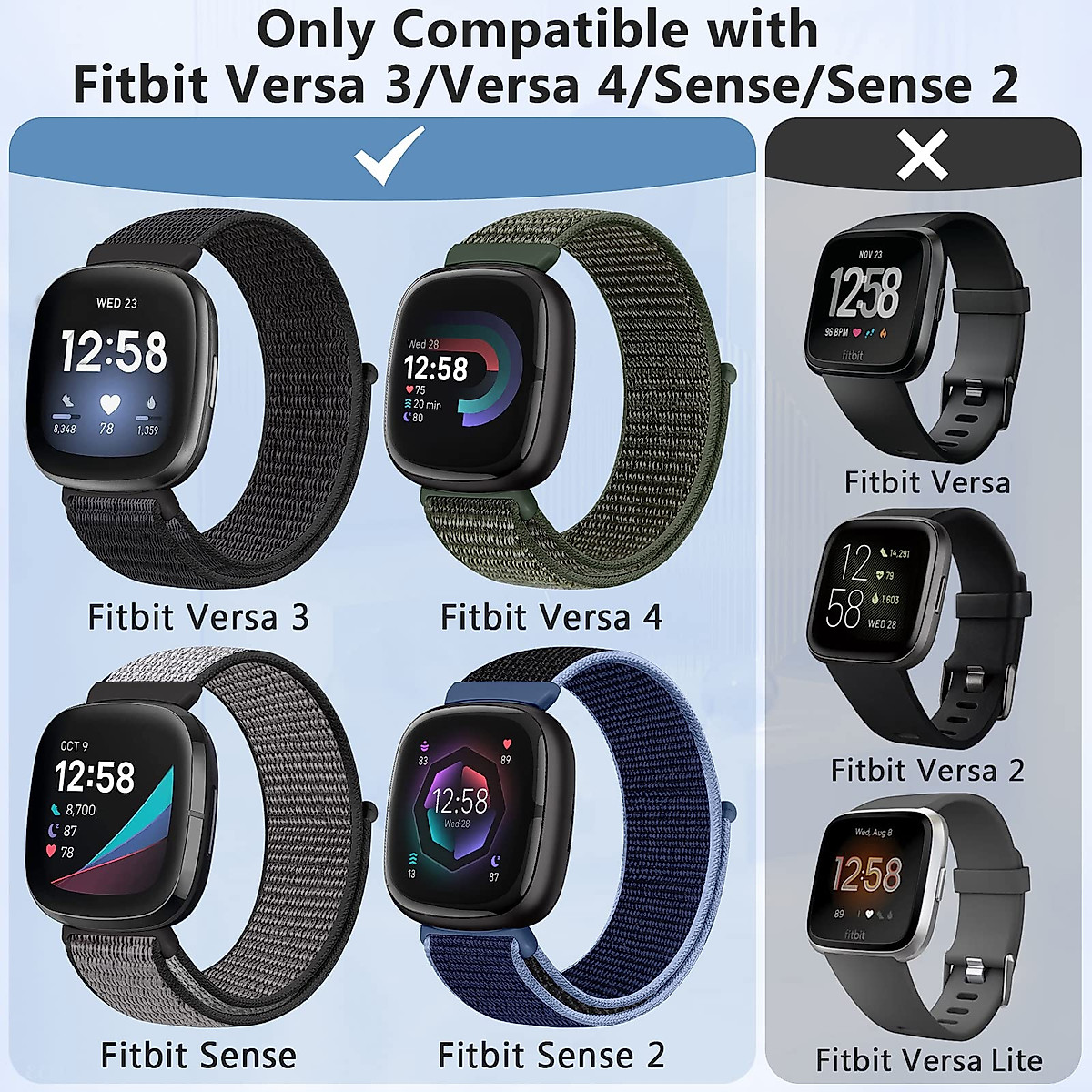 Bcuckood Nylon Loop Compatible with Fitbit Sense 2/Fitbit Sense/Fitbit Versa 4/Fitbit Versa 3 Bands, Women Men Soft Nylon Adjustable Breathable Strap Solo Loop Replacement Wristband