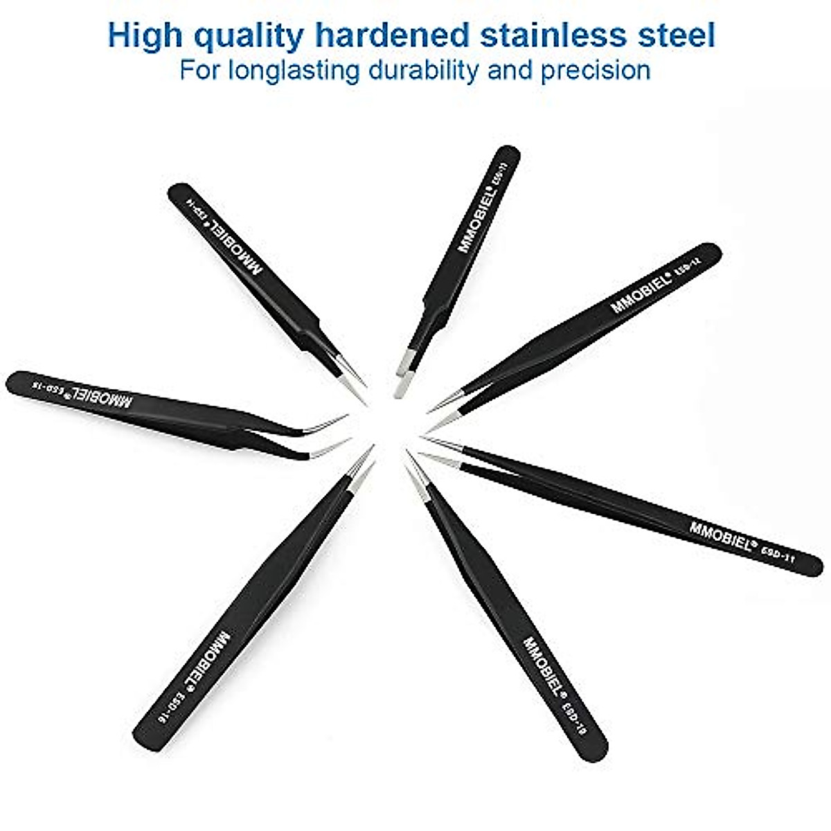 MMOBIEL 7x Precision Tweezers Set - Anti-Static Stainless Steel ESD Tweezers - For Electronics, Laboratory Work, Jewelry, Craft, Soldering and more