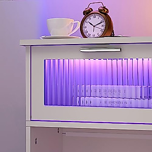 Nightstand with Charging Station and LED Light, Modern Bedside Table, Side End Table with Storage Compartment and Glass Door for Bedroom, Living Room -White