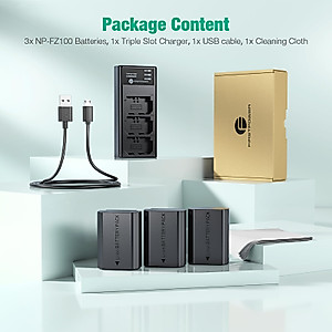 FirstPower NP-FZ100 Battery 3-Pack and Triple Slot Charger for Sony FX3, FX30, A7 III, A7 IV, A7R III, A9, A6600, A7R3, A7S III/A7S3, A7R III/A7C Camera