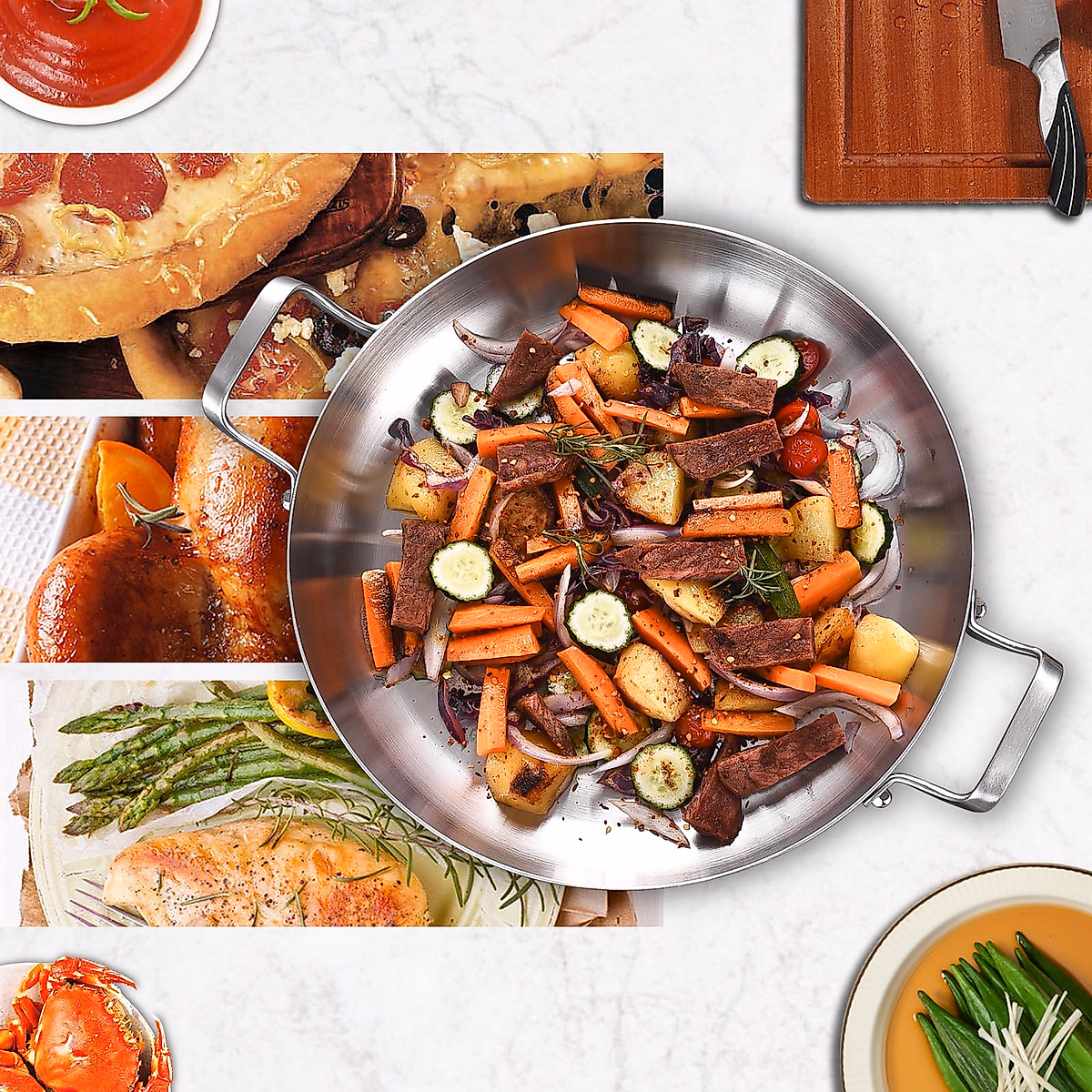 Inqibee 10-Inch Tri-Ply Stainless Steel Paella Pan with Lid,Omelet Pan,Large Skillet,Griddle Pan,Stir-Fry Pan,Jumbo Cooker,Induction Cooking Pan,Dishwasher and Oven Safe.