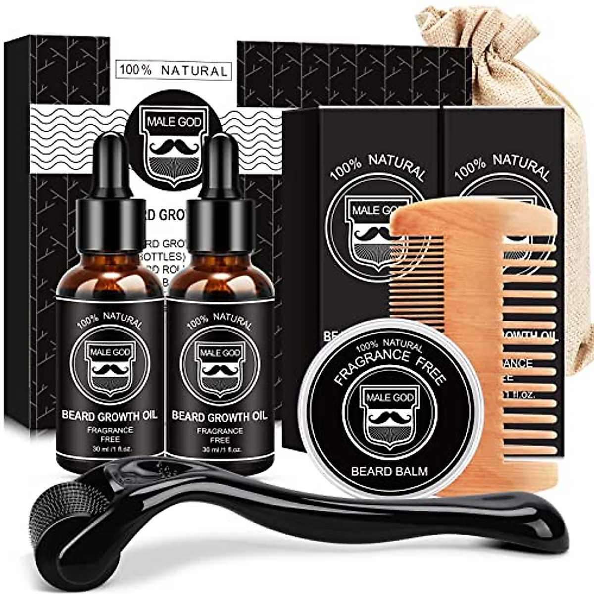 Beard Growth Kit - Derma Roller for Beard Growth, Beard Growth Oil(2 Pack), Beard Roller, Beard Balm, Beard Comb, Beard Growth Products for Patchy Beard - Christmas Gifts for Men Husband Boyfriend Dad