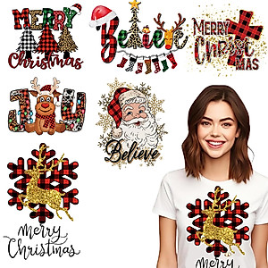 6Pcs Christmas Iron on Transfers Brown-Red Stripe Gold Glitter Designs Iron on Stickers Christmas Dwarf Reindeer Alphabet Tree Iron on Decals Heat Transfer Stickers Applique for Clothing Pillow Cover