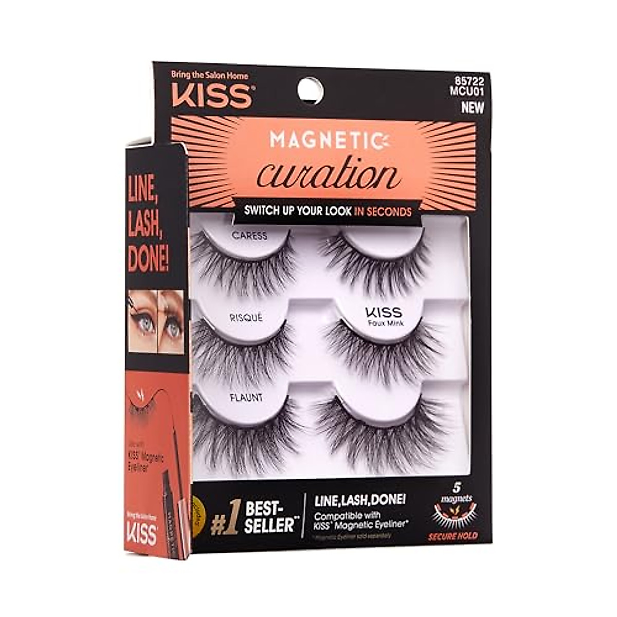 KISS Magnetic Curation False Eyelashes, 3 Pair with 5 Double Strength Magnets, Wind Resistant, Dermatologist Tested, Last Up To 16 Hours, Reusable Up To 15 Times in 3 Styles, Black, 3 Count