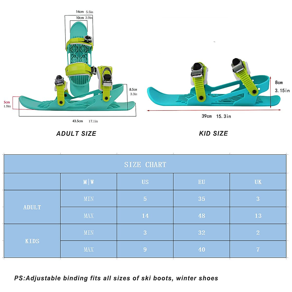 Mini Short Ski Skates for Snow, KEYUSHOP Kid Adult Adjustable Shortest Snowskates Snow blades Skiboards Skis for Winter Shoes, Attach to Skis Boots or Snowboard Boots, for Winter Skiing Equipment