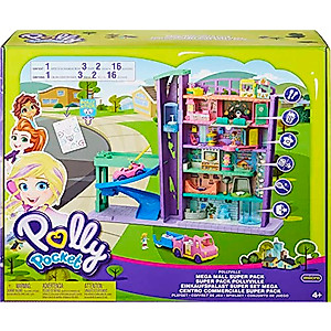 Polly Pocket Playset with 3 Micro Dolls, 1 Toy Car, Food and Shopping Accessories, Pollyville Mega Mall Toy