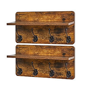 YMYNY Coat Rack Shelf Wall Mounted, Wooden Coat Hooks Set of 2, Entryway Coat Hanger with 8 Hooks,31.5''L Floating Shelves, Key Holder, for Kitchen, Bathroom, Living Room, Rustic Brown, UHWS006H-2