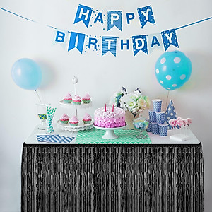 Bouiexye 2 Pack 29.5x108 Inch Black Foil Tinsel Fringe Table Skirts, Disposable Table Skirts for Rectangle Tables Curtains Backdrop Parade Wedding Floats Baby Shower Birthday Mardi Gras Party