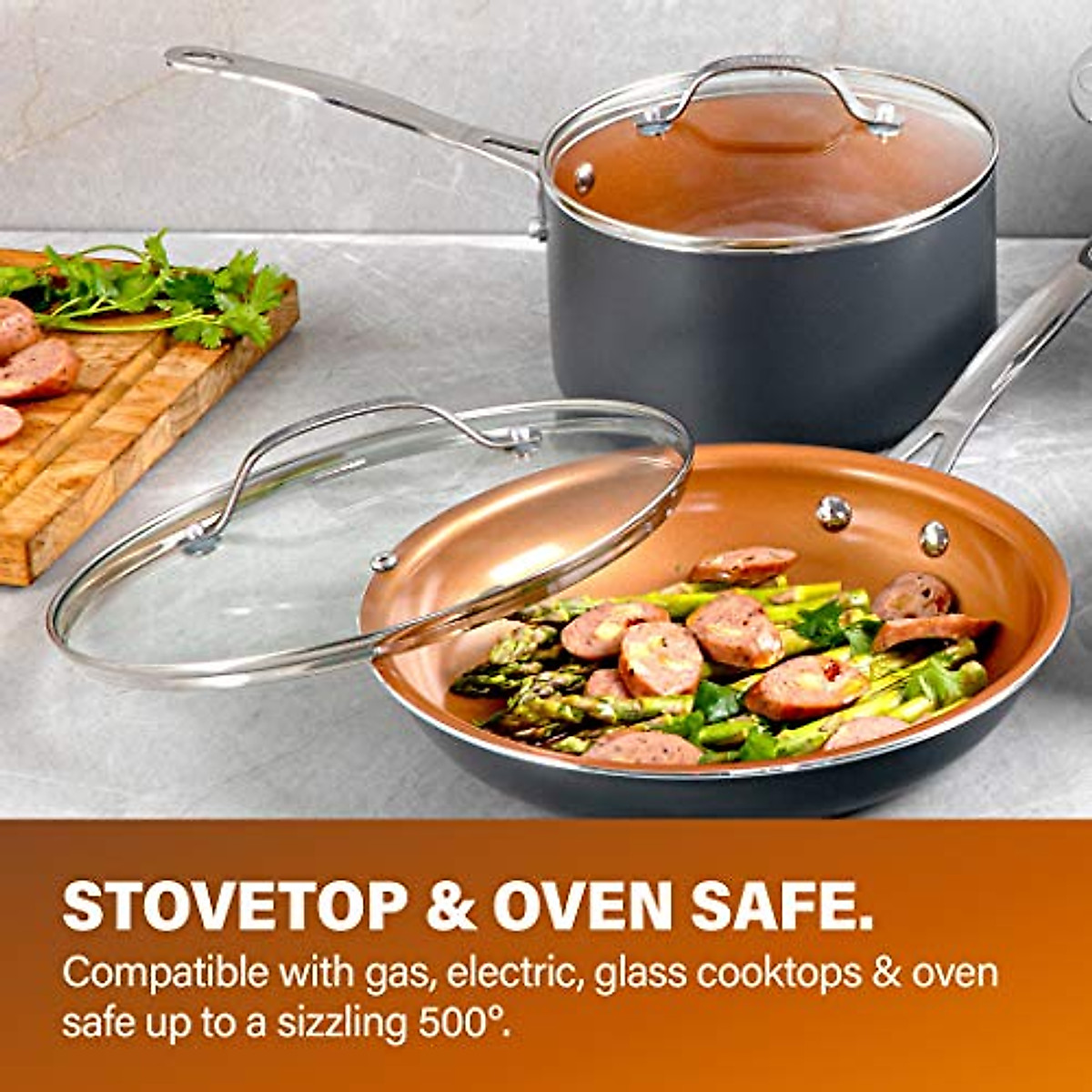 Gotham Steel 5 Piece Essentials Cookware, Pots and Pan Set with Triple Coated Nonstick Ceramic Copper Surface & Aluminum Composition for Even Heating 100% Non-Toxic, Oven, Stovetop & Dishwasher Safe