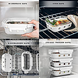 GENICOOK Borosilicate Tempered Glass Food Storage Containers with Glass Lids - Food Grade Silicone Wrap & Air Release Vent, Rectangular shape - 8 Pc Set (4 Containers - 4 Matching Lids) White