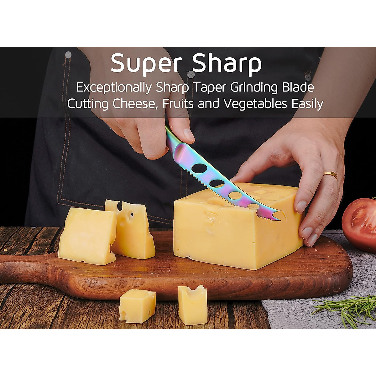 WELLSTAR Cheese Knife, Serrated Tomato Knife 5 Inch Sharp High Carbon Stainless Steel Blade for Cutting All Cheese Types - Rainbow