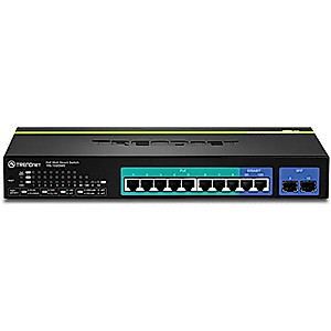 TRENDnet 10-Port Gigabit Web Smart PoE+ Switch, 8 x PoE+ Gigabit Ports, 2 x Gigabit Ethernet Ports, 2 x Shared SFP Slots, 75W Total Power Budget, Rack Mountable, Lifetime Protection, Black, TPE-1020WS