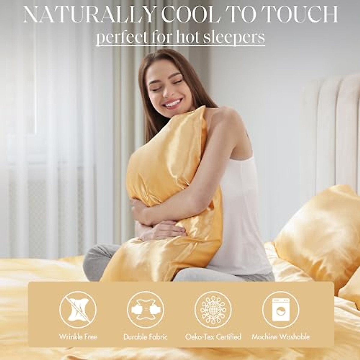 Madison Park Essentials Satin Sheets Queen Size, Luxurious Silky Satin Bed Sheets, Elastic 14" Pocket fits up to 16" Mattress, Wrinkle-Free, Soft Satin Bed Sheet Set, Gold 6 Piece