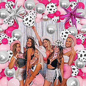 Jollyboom Space Cowgirl Party decorations, Western Disco Party Decorations for Women Hot Pink Balloon Garland Arch Kit, Laser Silver Fringe Curtains Star Foil Balloons for Girl Bachelorette Party