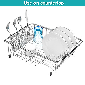 iPEGTOP Expandable Deep Large Dish Drying Rack and Utensil Cutlery Holder, Rustproof Stainless Steel Over Sink Dish Rack Basket Shelf, Dish Drainer in Sink or On Counter