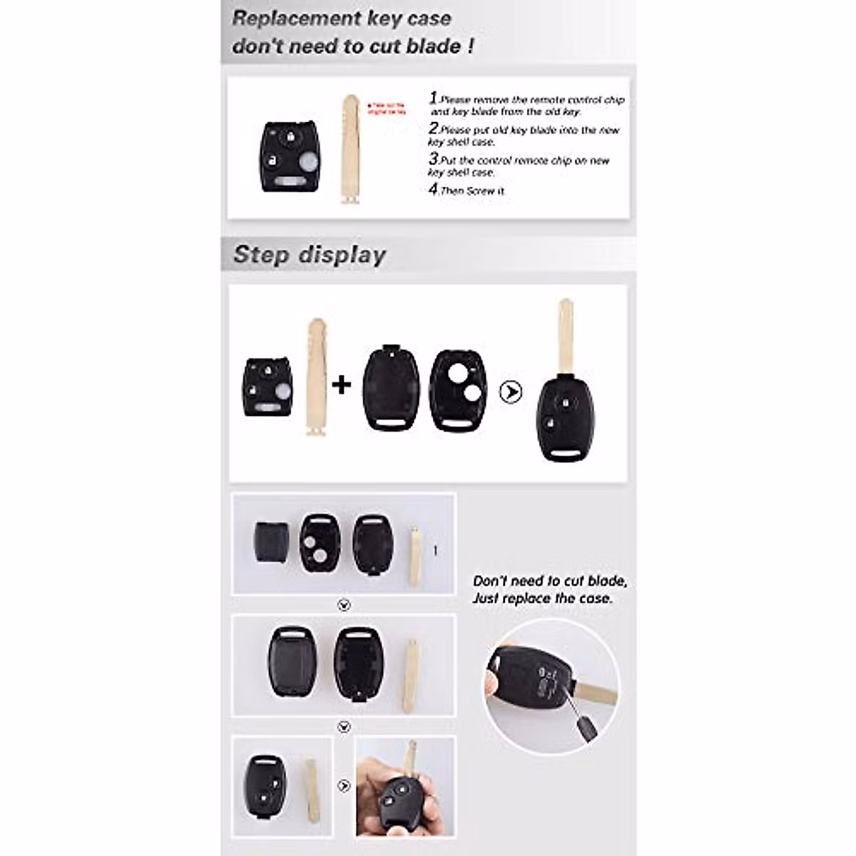 Olivine Auto 3 Buttons Key Fob Casing for Honda Civic CR-V Fit Accord Crosstour Odyssey CR-Z Keyless Entry Remote Key Shell (Only Key Shell Without Blade)(3Button-2PCS)
