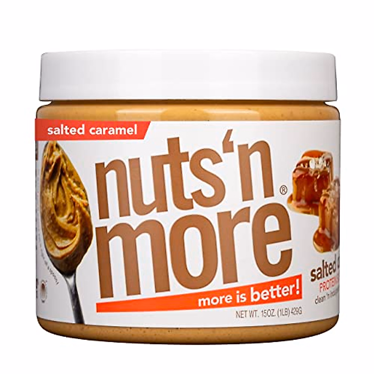 Nuts ‘N More Salted Caramel Peanut Spread, All Natural Snack, Low Carb, Low Sugar, Gluten Free, Non-GMO, High Protein Flavored Nut Butter (15 oz Jar)