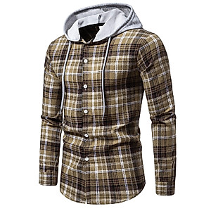 Muscularfit fall clothes for men Crewneck Sweatshirts Men Fall Fashion Plaid Button Down Shirt Causal Drawstring Long Sleeve Hoodie Checkered Coat deals of the day clearance Yellow L