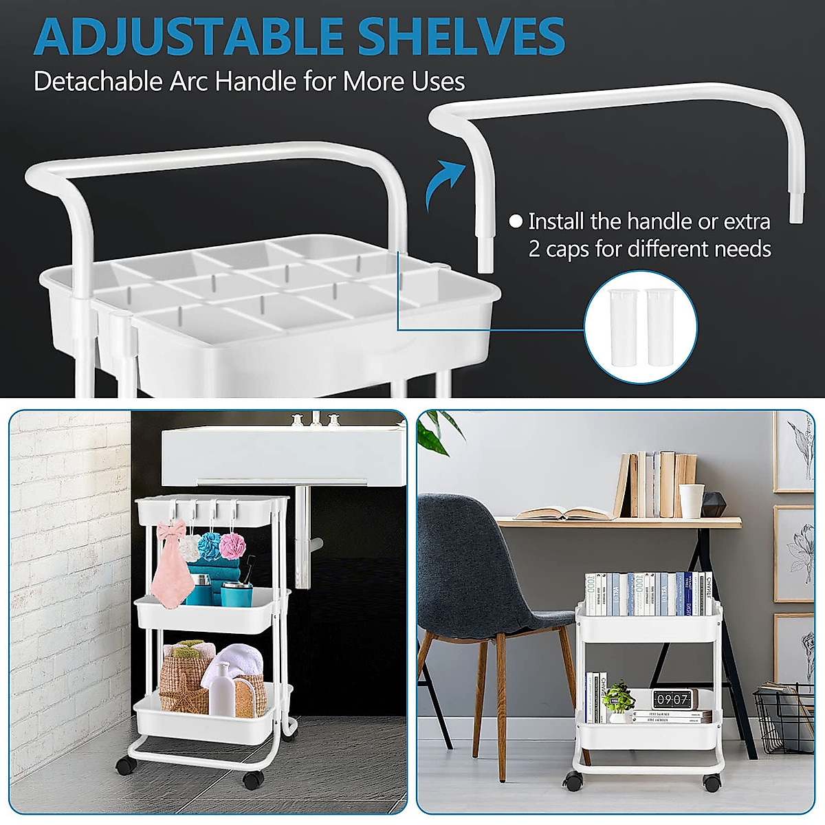 Azmall 3 Tier Utility Rolling Cart - Organizer Cart Storage Cart Makeup Cart Baby Tray Cart with Trolley Handles for Office Bathroom Bedroom (White)