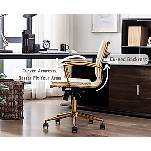 CIMOTA Leather Office Chair Comfortable Mid-Back Gold Office Desk Chair with Wheels and Arms Gold Frame Modern Ergonomic Conference Task Chair Swivel Chair for Teens Adults, PU Beige