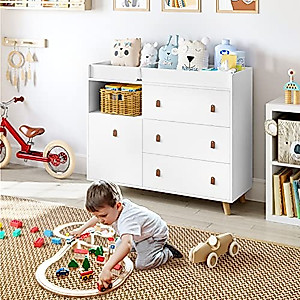 BANIROMAY Baby Changing Table Dresser with Drawers, Baby Nursery Dresser with Waterproof Changing Diaper Pad, Safety Belt and Hidden Trash Storage (White)