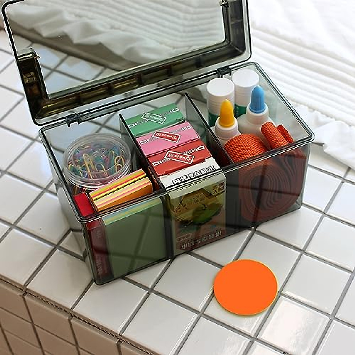 BangQiao Small Plastic Storage Box with Handle and Adjustable Dividers, Multipurpose Lockable Container Case for Sewing, Stationery, Art&Craft Supplies, Cosmetics, First Aid Kit, Clear/Smoke Green