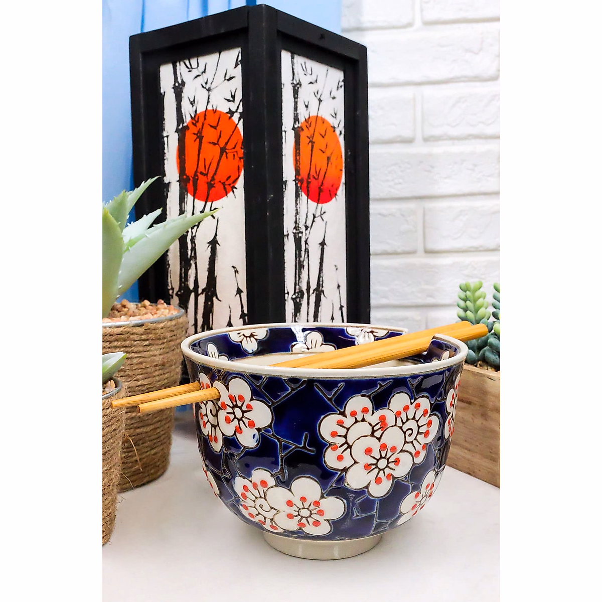 Ebros White Cherry Blossoms Sakura Mosaic Style Blue Ramen Udong Noodles 5" Diameter Bowl With Built In Chopsticks Rest and Bamboo Chopstick Set for Dining Soup Rice Meal Bowls Decor Kitchen