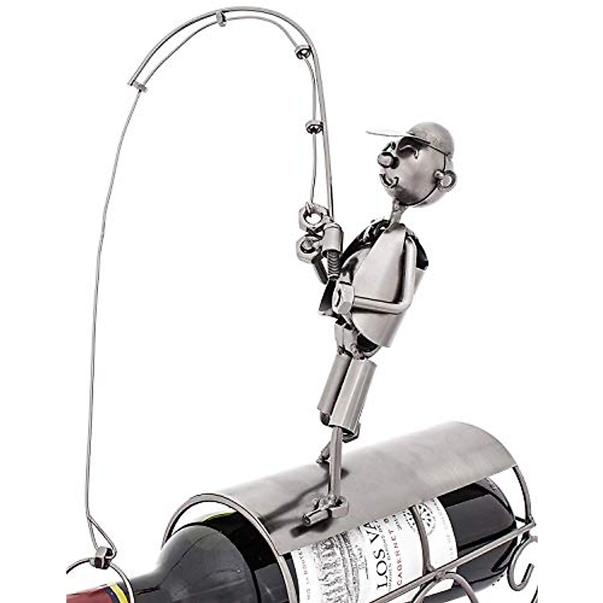 BRUBAKER Wine Bottle Holder 'Fisherman Catching Fish' - Table Top Metal Sculpture - with Greeting Card