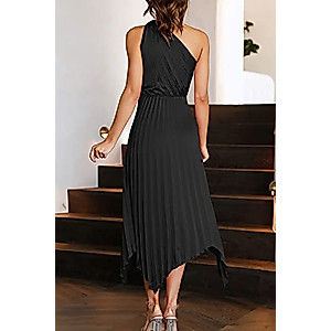 PRETTYGARDEN Women's Summer Long Satin Dress One Shoulder Sleeveless Ruched Twist Flowy Maxi Dresses (Black,Small)