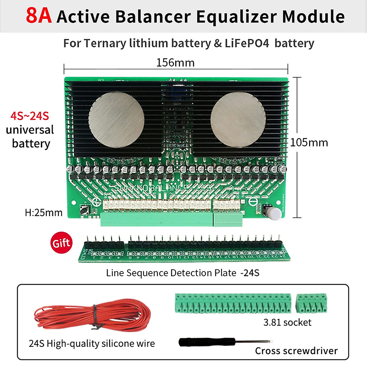 SUNKKO Battery Equalizer 8A 24S Battery Voltage Balancer Energy Transfer PCB, Transformer Inversion Battery Active Equalization Module for Lithium Battery Pack