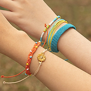 Braided Sunflower Boho String Woven Strand Bracelets Set for Women Adjustable Wrap Rope Charm Wave Jewelry Friendship Waterproof Gift Sunflower
