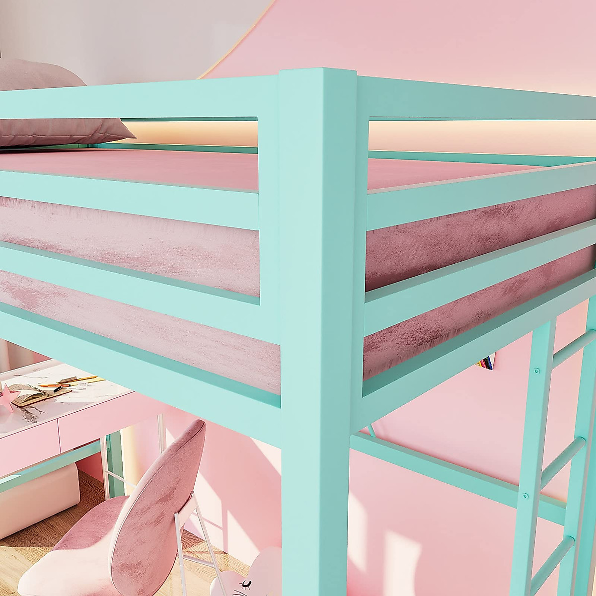ikalido Metal Loft Bed Twin Size with Safety Guardrail and Ladder, No Box Spring Needed Space Saving Bedroom Furniture, Aqua Green