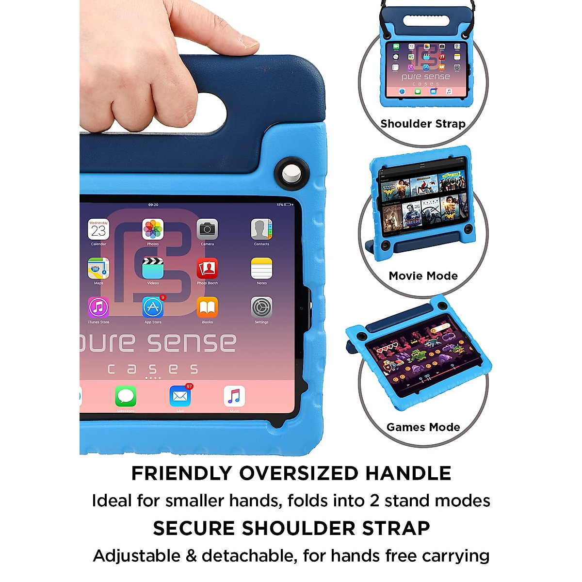 Pure Sense Buddy Antimicrobial Kids Case for iPad Pro 12.9-1st 2nd Gen 2015 2017 | Full Kit: Rugged Case Stand, Handle, Screen Protector, Strap and Spray