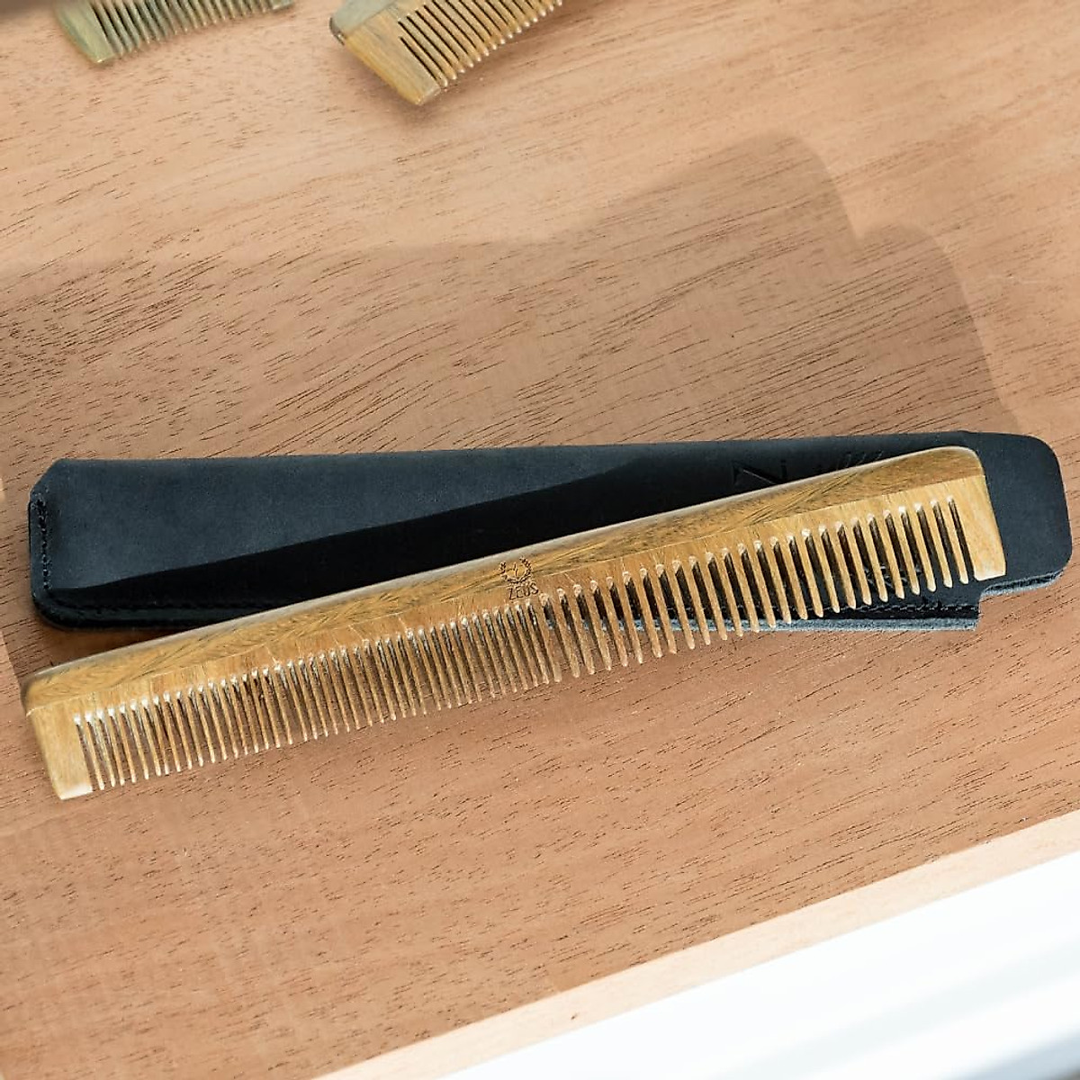 ZEUS Sandalwood Beard & Mustache Comb with Leather Case, Long Handmade Saw-Cut & Anti-Static Hair Comb (L31)