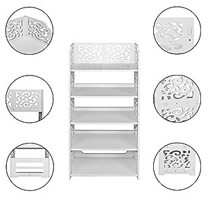 LeeMas White Wood Plastic Shoe Cabinet Carved Shoe Rack White Chic Hollow Shoe Tower Baroque Free Standing Shoes Storage Organizer Closet Shelves Holder Container (16.54 x 9.45 x 31.5), 5 Tiers