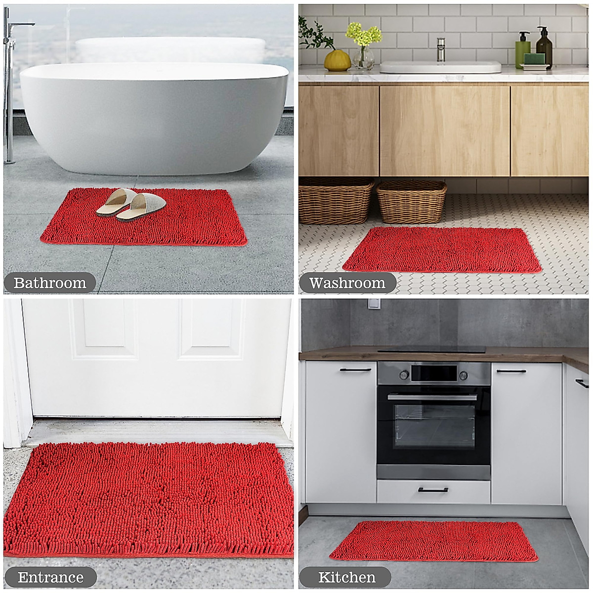 Yeaban Red Bathroom Rugs – Thick Chenille Bath Mats | Absorbent and Washable Bath Rug Non-Slip, Plush and Soft Rugs for Bathroom, Kitchen, Shower, Sink - 17" x 24"
