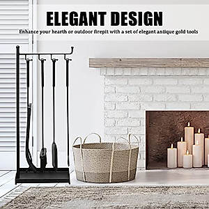 Fireplace Tools Set, 5PCS Black Fireplace Fire Pit Tools, Wrought Iron Fire Place Accessories Ergonomic Handles Outdoor Modern Contemporary Tool, Stand for Outdoor Indoor Chimney, Hearth, Stove, Firep