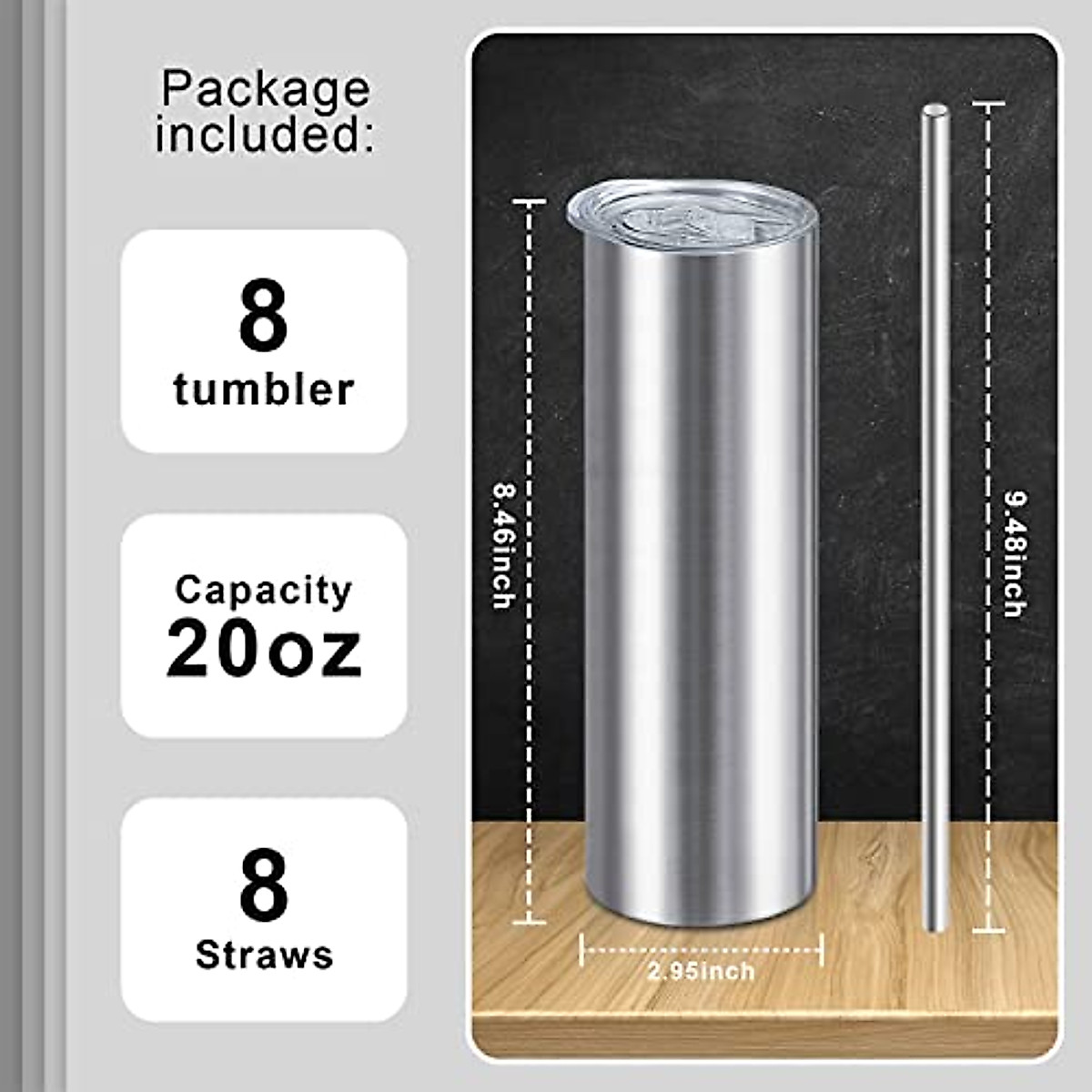 XccMe 20oz Straight Skinny Tumblers Bulk,Stainless Steel Tumbler with Straw,8 Pack Double Wall Slim Insulated Tumbler for Travel,Coffee,Tea, Beverages,Diy Gift For Men Women Friends(Silver)