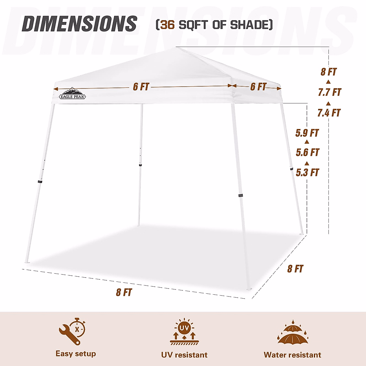 EAGLE PEAK 8x8 Slant Leg Pop-up Canopy Tent Easy One Person Setup Instant Outdoor Beach Canopy Folding Portable Sports Shelter 8x8 Base 6x6 Top (White)