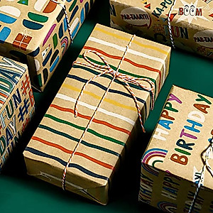 Packanewly Brithday Kraft Wrapping Paper Sheet - 6 Sheets Different Design Reversible Gift Brown Wrap Paper - 17.5 x 30 inches per Sheet